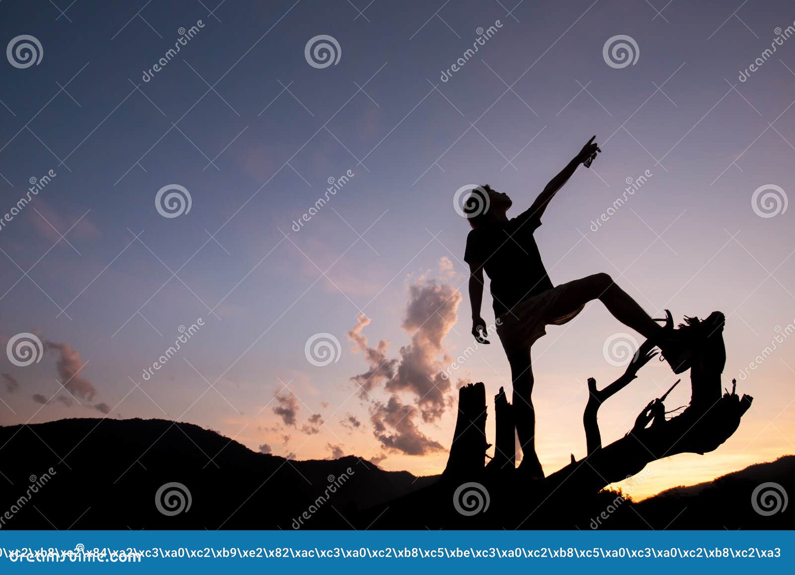 Silhouette of a Young Boy on a Log Surrounded by Shadows of Mountains ...