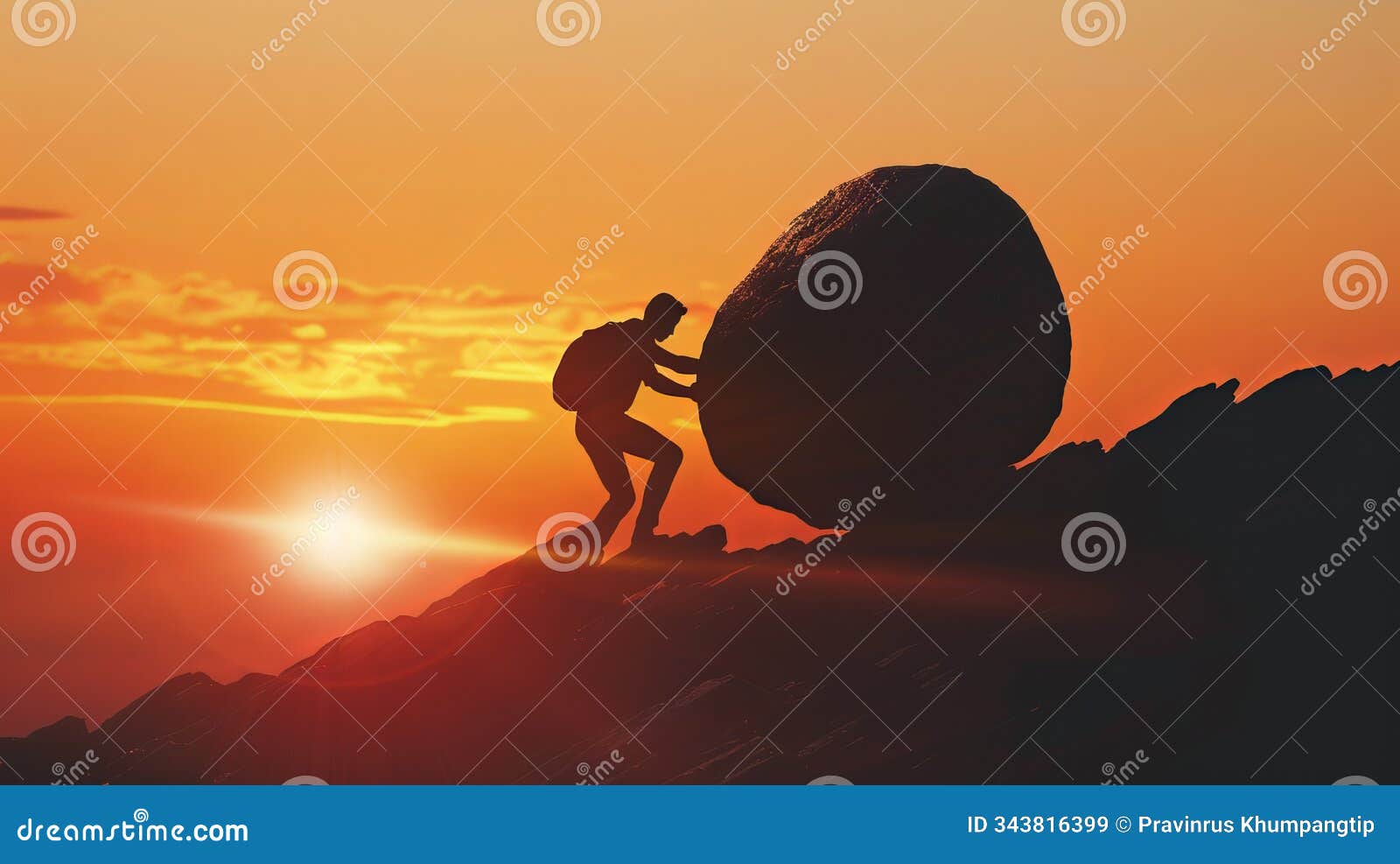 Silhouette of Young Businessman Pushing Large Stone Uphill Stock ...
