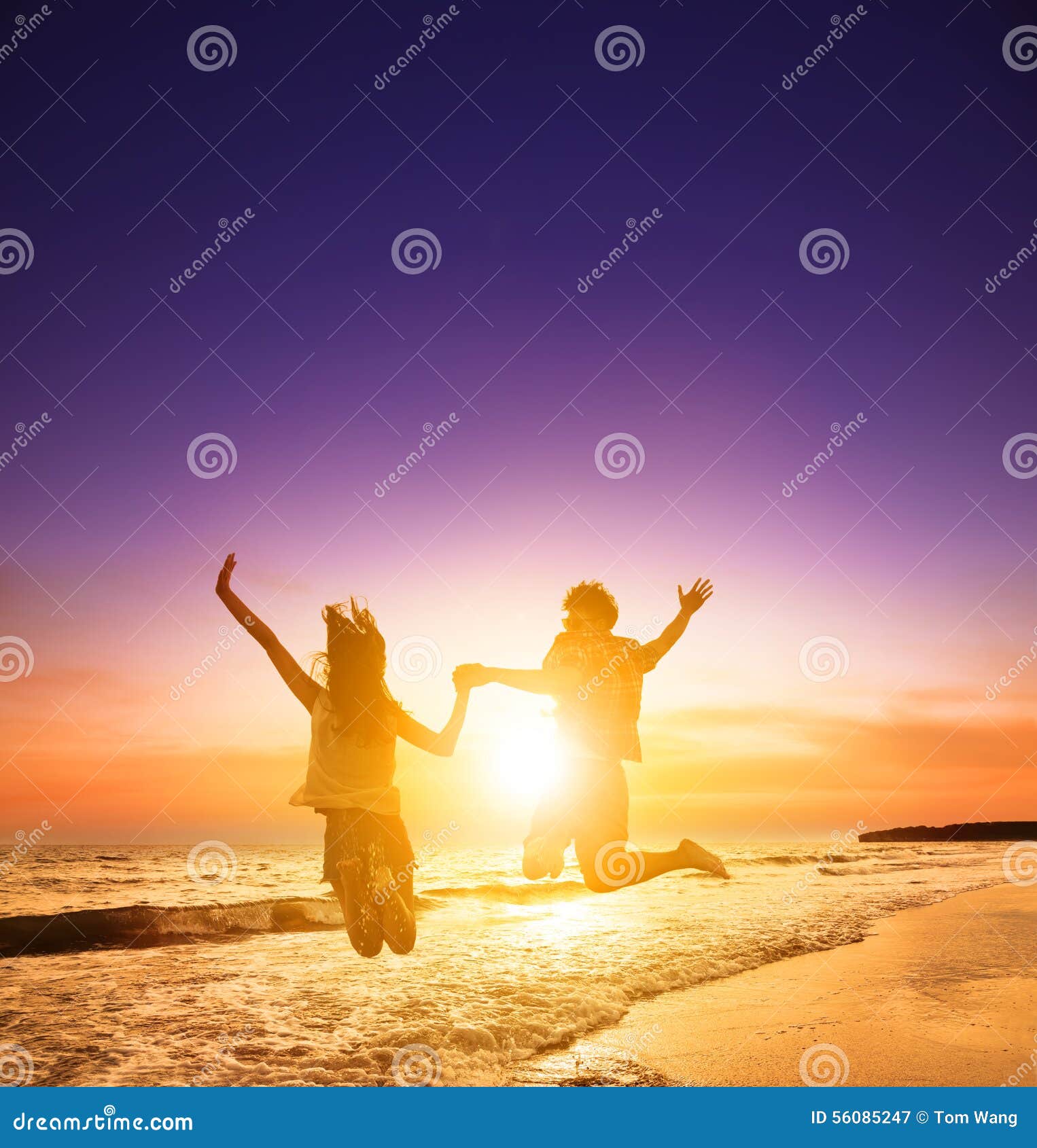 Silhouette of Young Couple Jumping on the Beach Stock Image - Image of ...