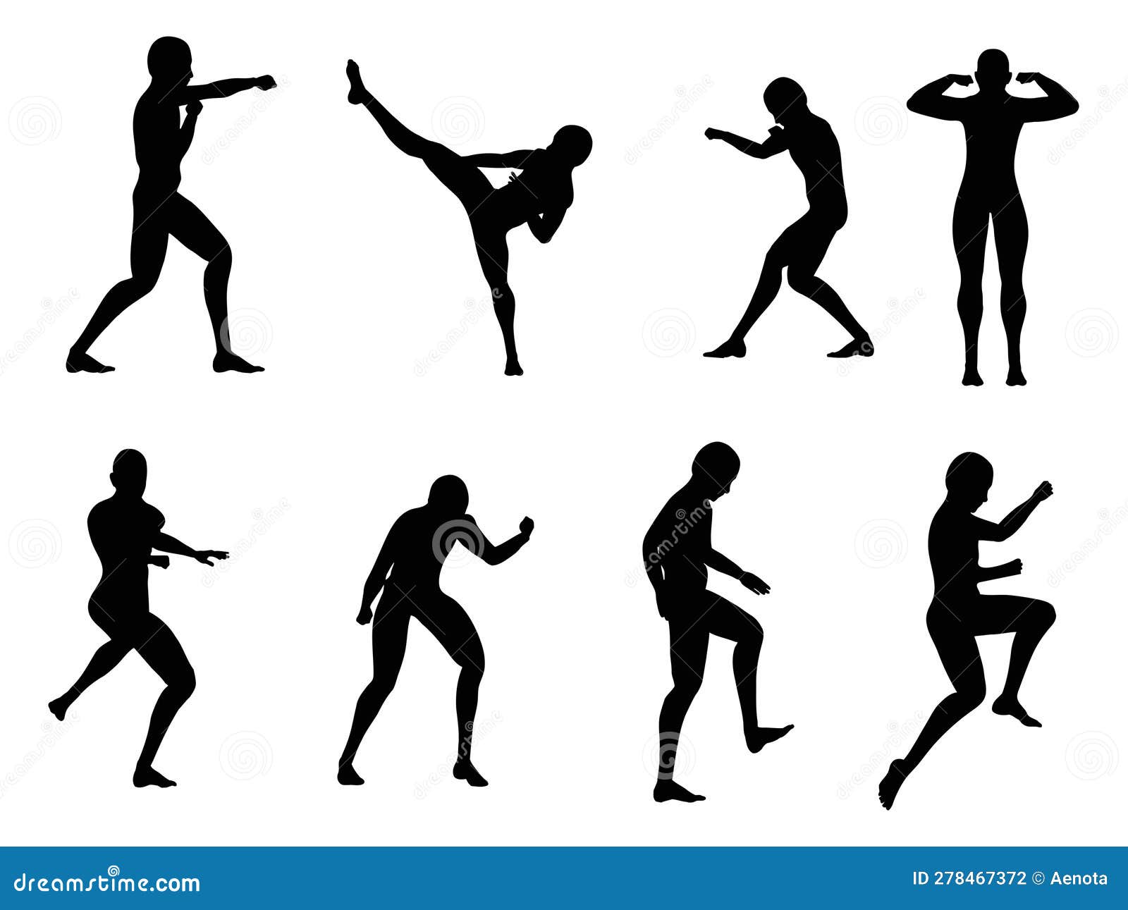 Silhouette Of Young Man Fight Poses Vector Set Of Cutouts ...