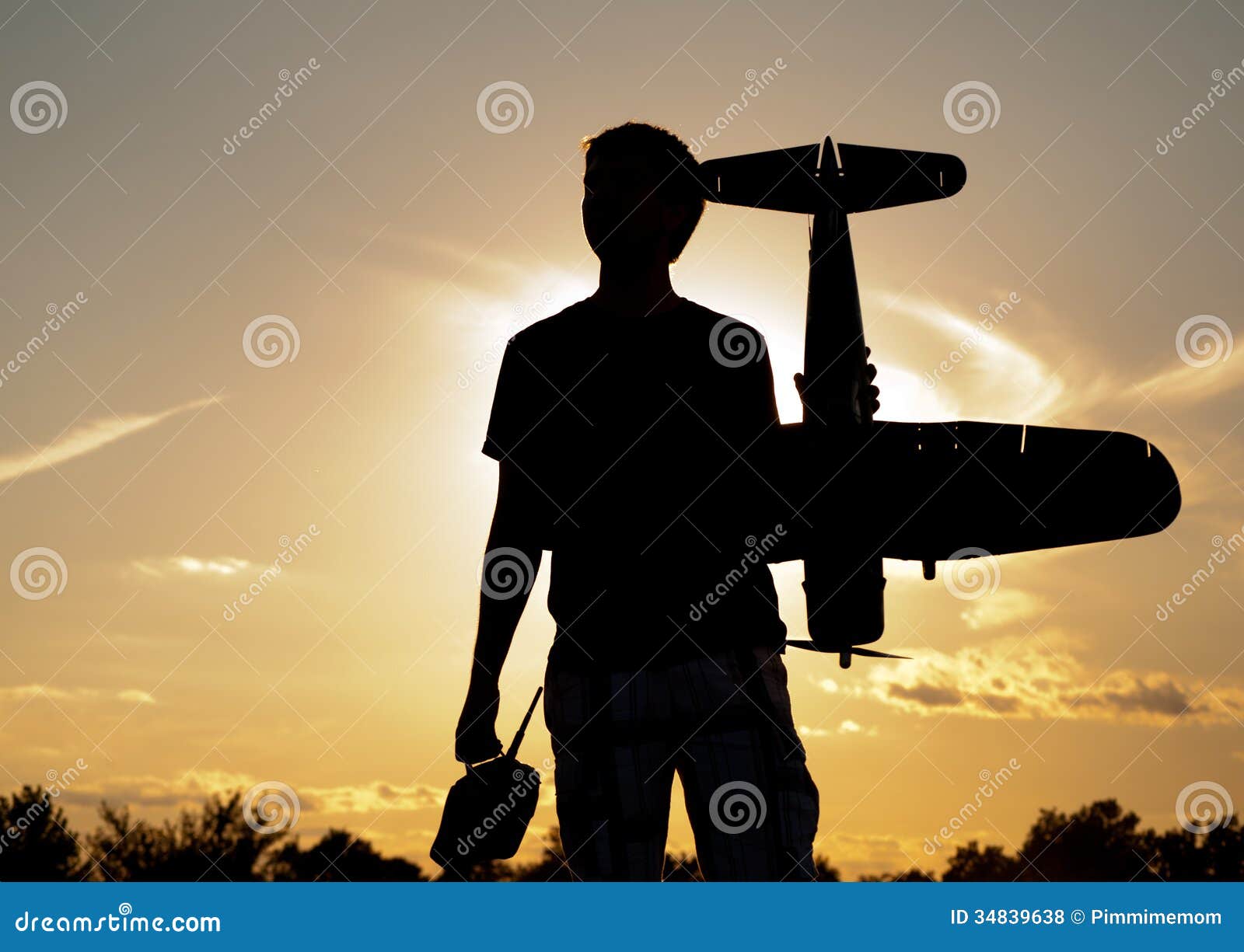 Silhouette of a Young Man with a Model Rc Airplane Stock Photo - Image ...