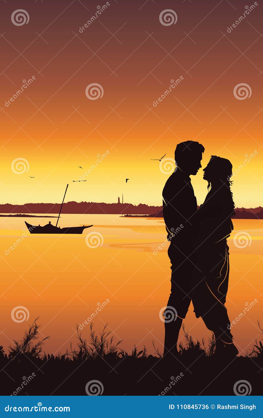 Couple Sunset Silhouette Vector Illustration | CartoonDealer.com #3776376