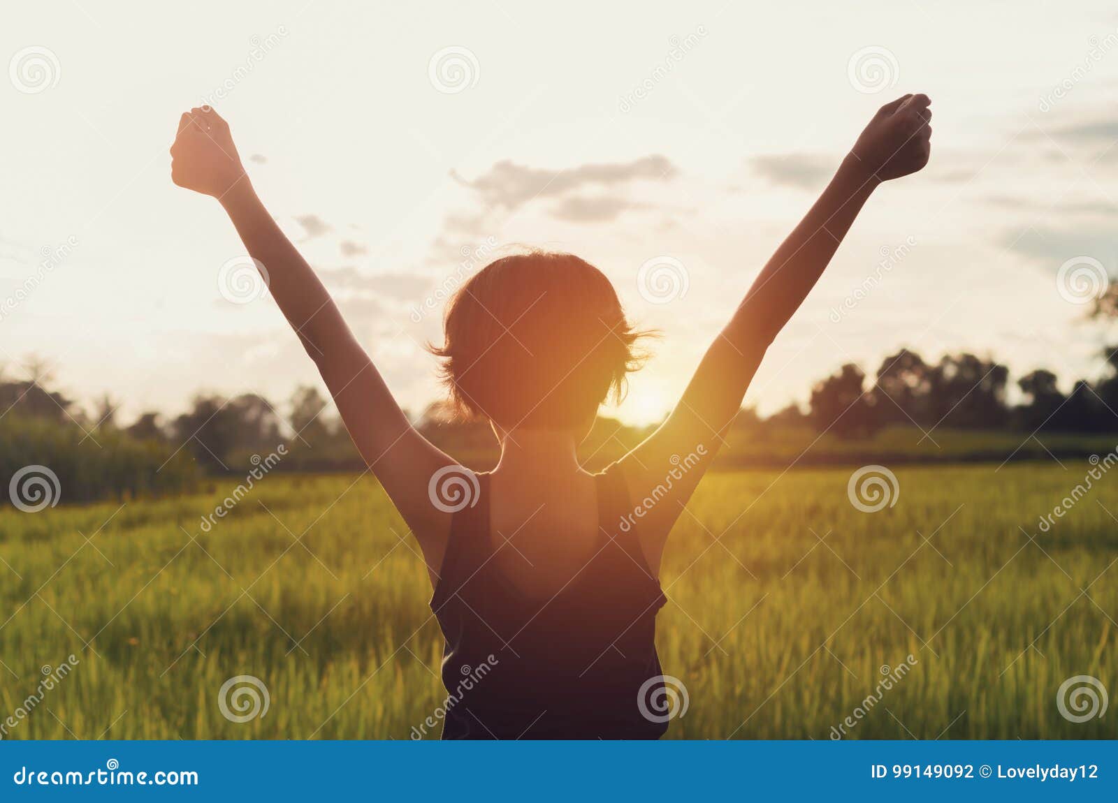Silhouette Young Woman Freedom with Sunset Stock Photo - Image of pose ...
