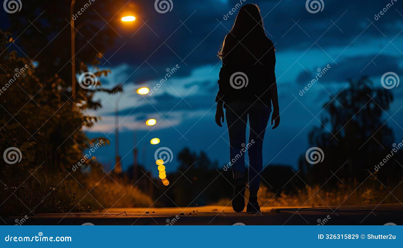 Silhouette of a Young Woman Walking Home Alone at Night Feeling ...