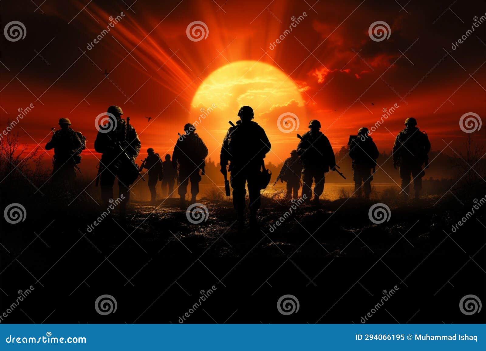 Silhouetted Army Formations Set Against a Backdrop of Formidable Power ...