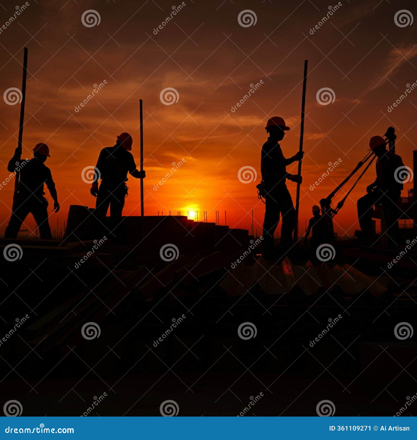 Silhouetted Construction Workers With Raised Arms Celebrating Project ...