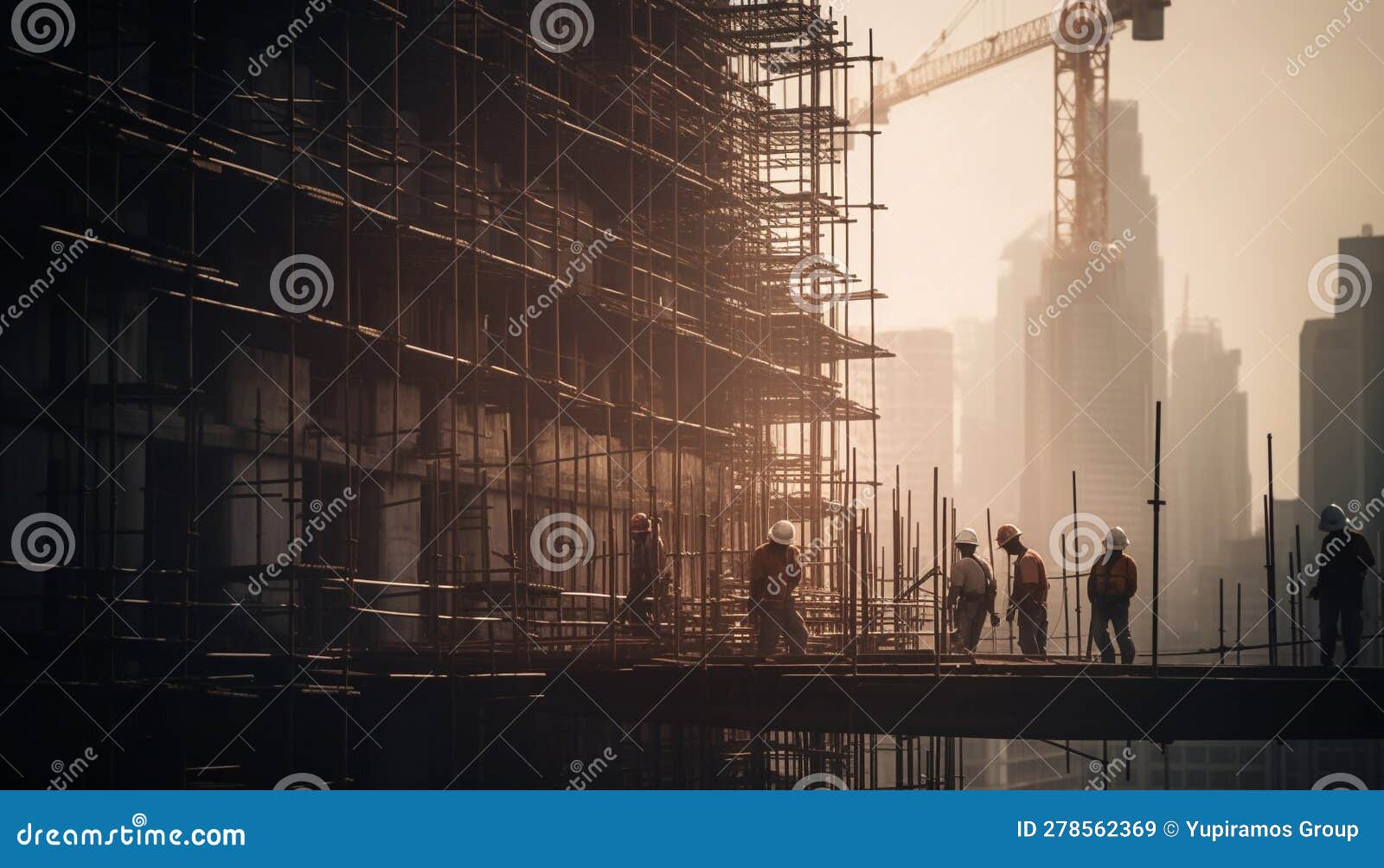 Silhouetted Construction Workers Plan Skyscraper Growth in Bustling ...