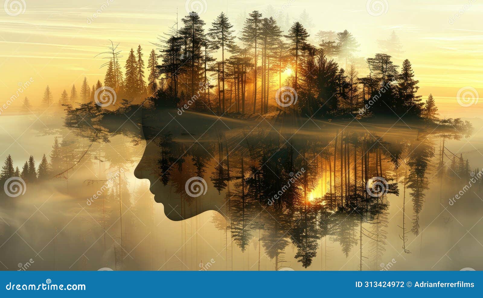 Silhouetted Face in a Forest Landscape with Sunrise and Reflection ...