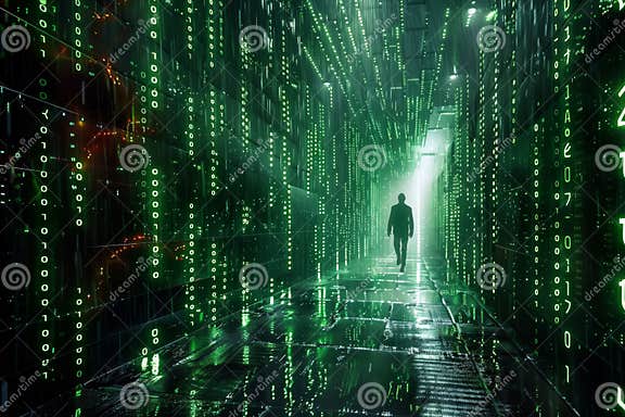 Silhouetted Figure Walking in a Corridor of Binary Code Stock ...