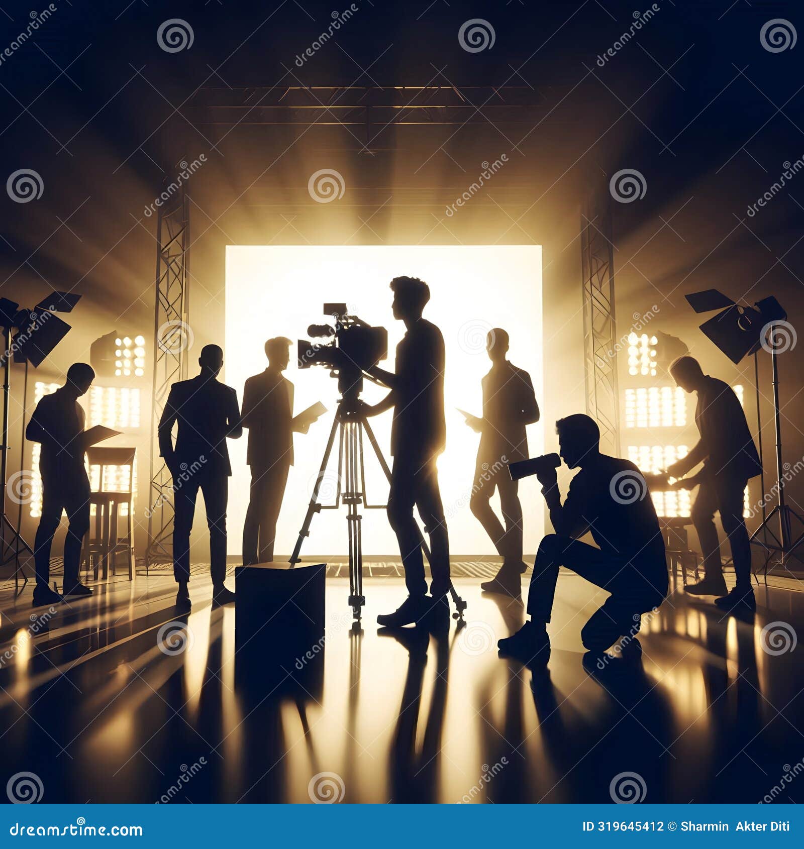 Silhouetted Figures Against a Backlit Screen with a Prominent Central ...