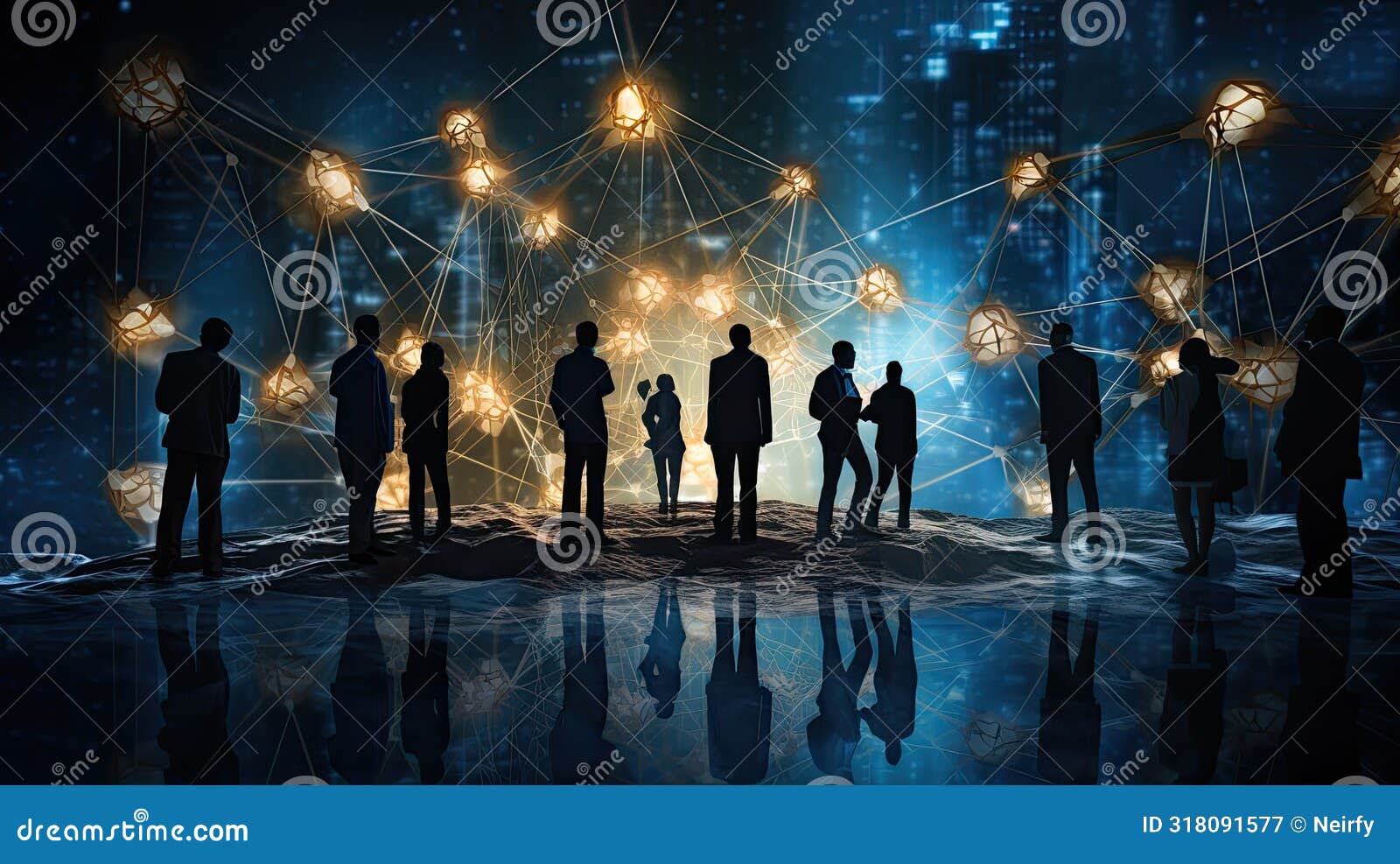 Silhouetted Figures Connected by Glowing Lines on a Dark Blue ...