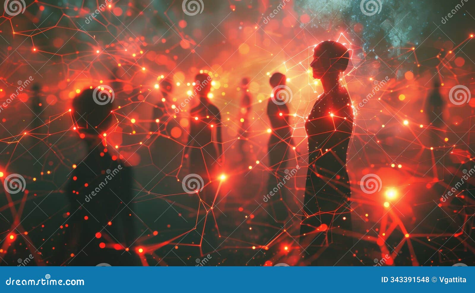Silhouetted Figures Interconnected by Glowing Red Neural Network ...