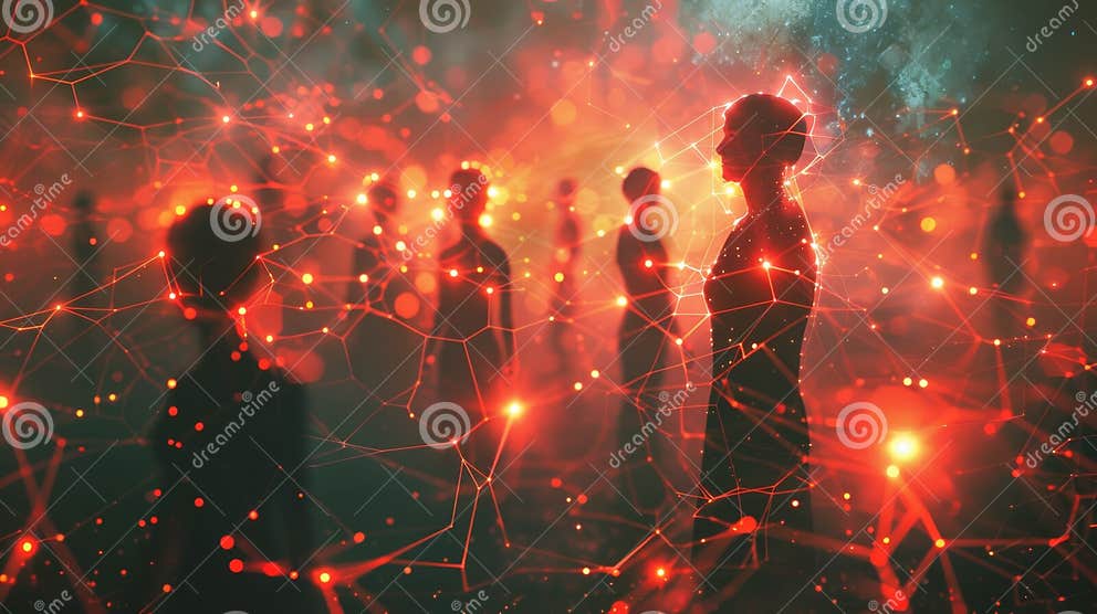 Silhouetted Figures Interconnected by Glowing Red Neural Network ...