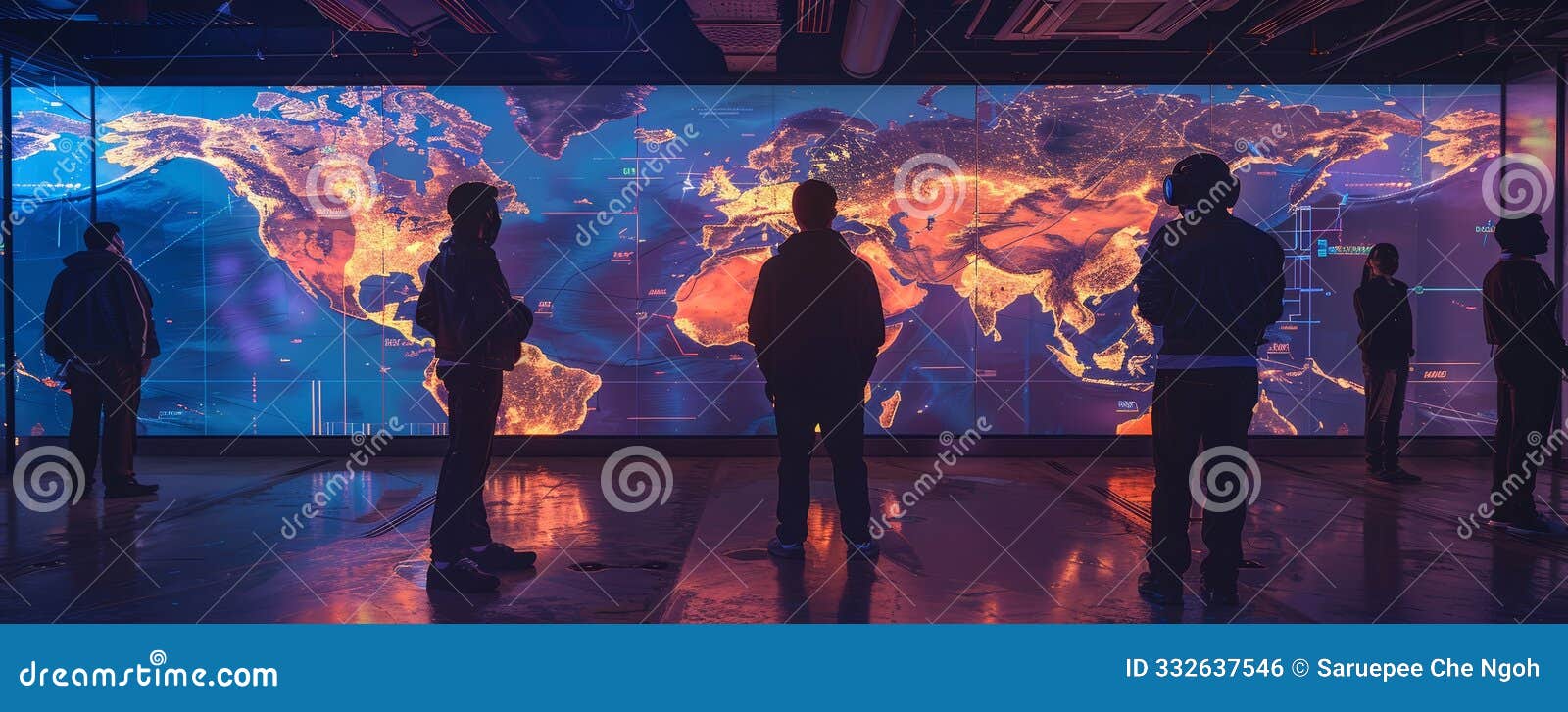 Silhouetted Figures Observing a Large Digital World Map Display in a ...
