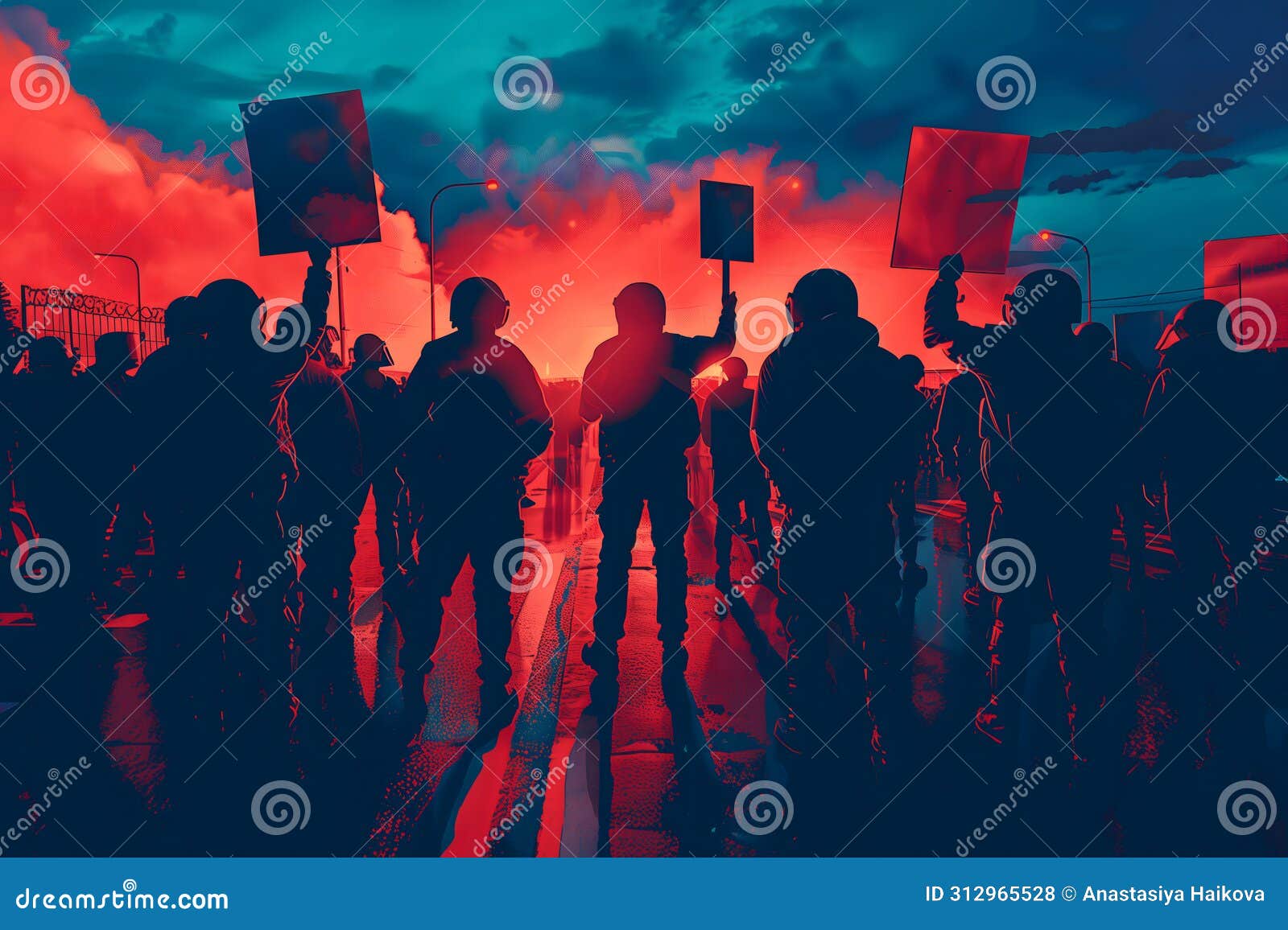 Silhouetted Figures at a Protest with Signs and Red Smoke Stock ...