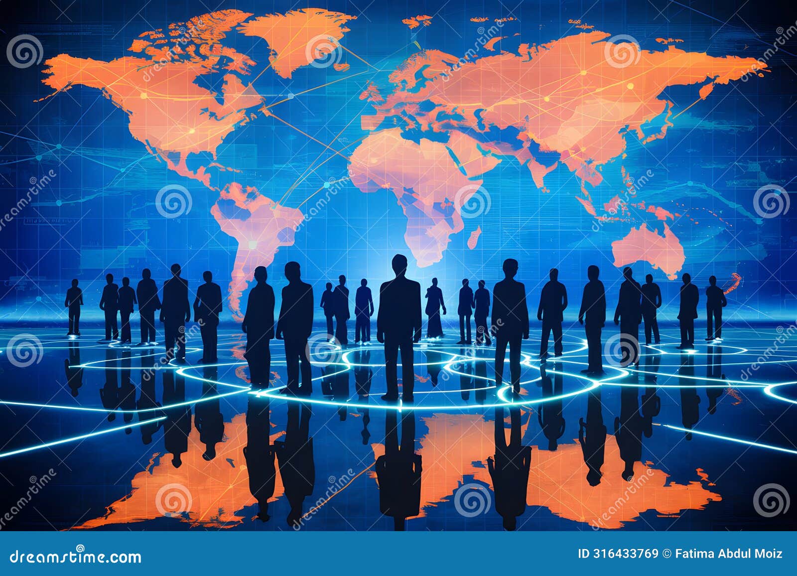 Silhouetted Figures on Reflective Surface Under Digital World Map ...