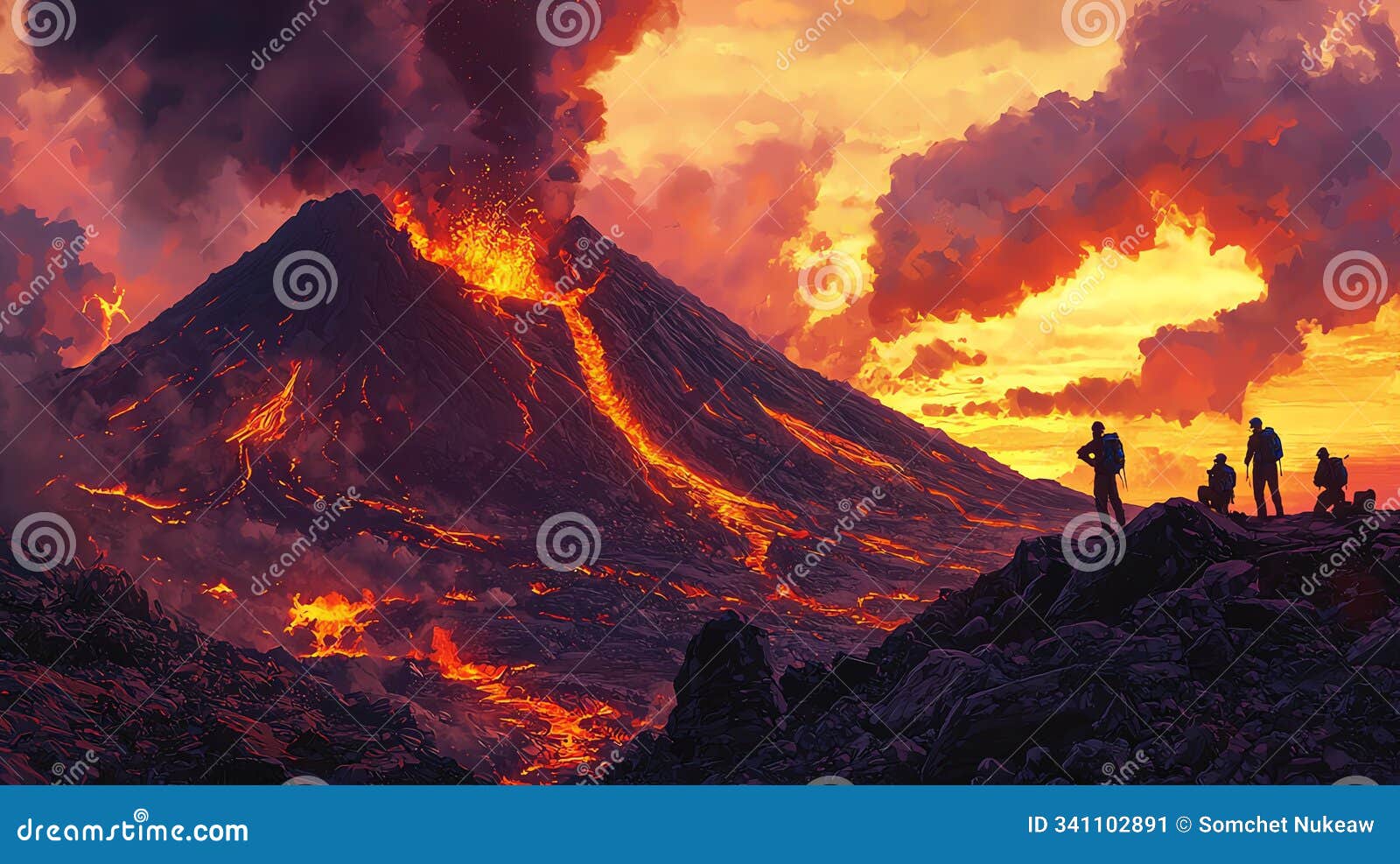 Silhouetted Figures Watch Lava Flow from a Volcano at Sunset Stock ...