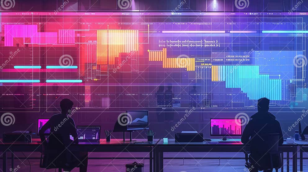 Silhouetted Figures Working on Computers with Vibrant Data ...