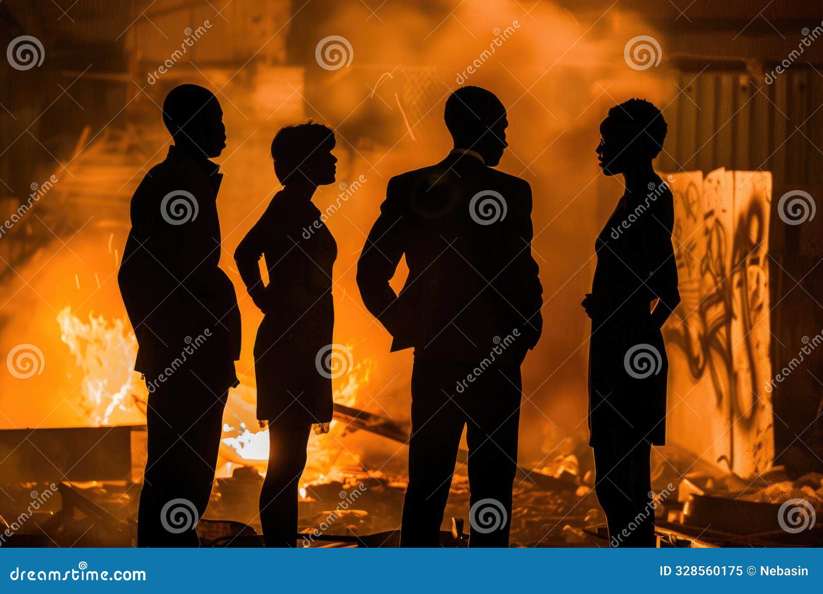 Silhouetted Group of People Facing Roaring Fire in Urban Landscape at ...