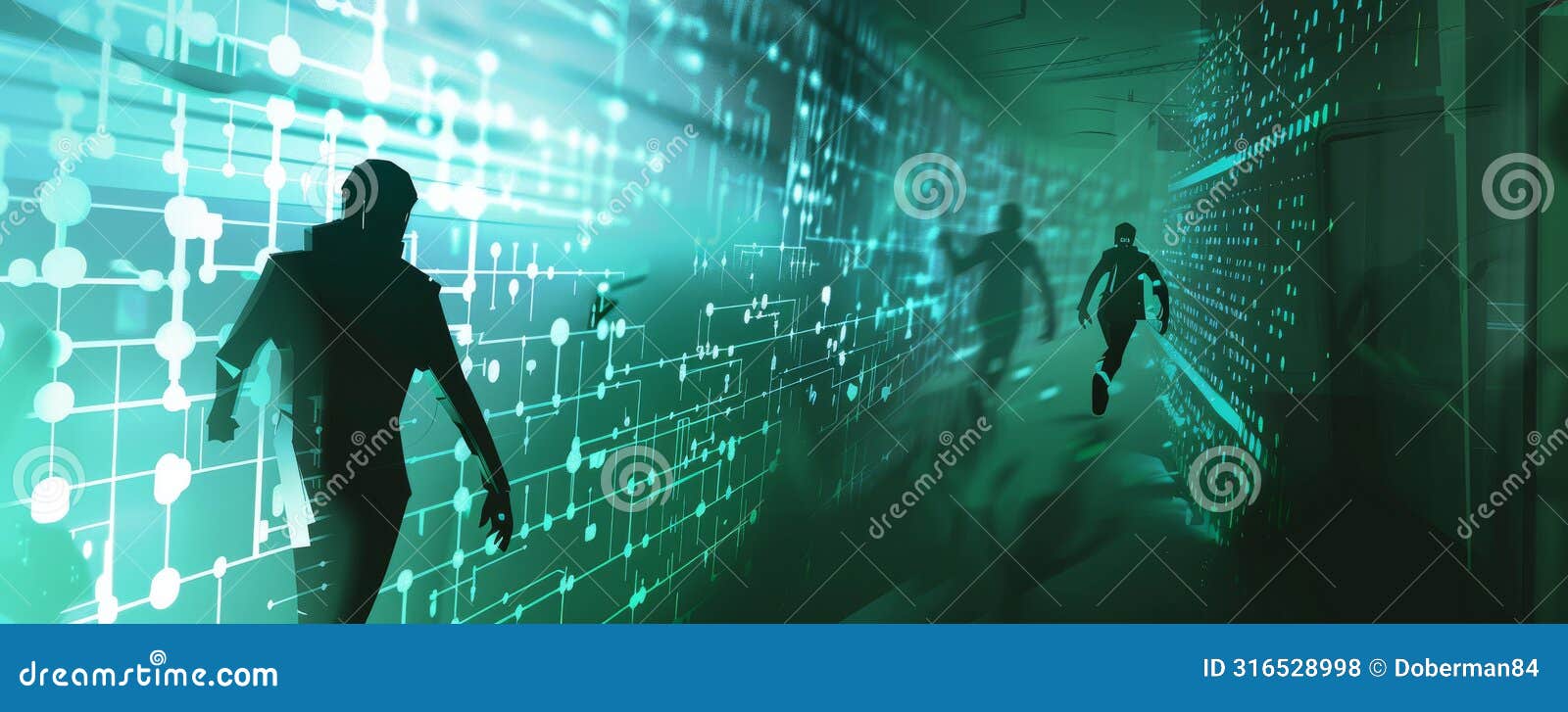 Silhouetted Hackers In A Dramatic Digital World, A Conceptual Cyber ...