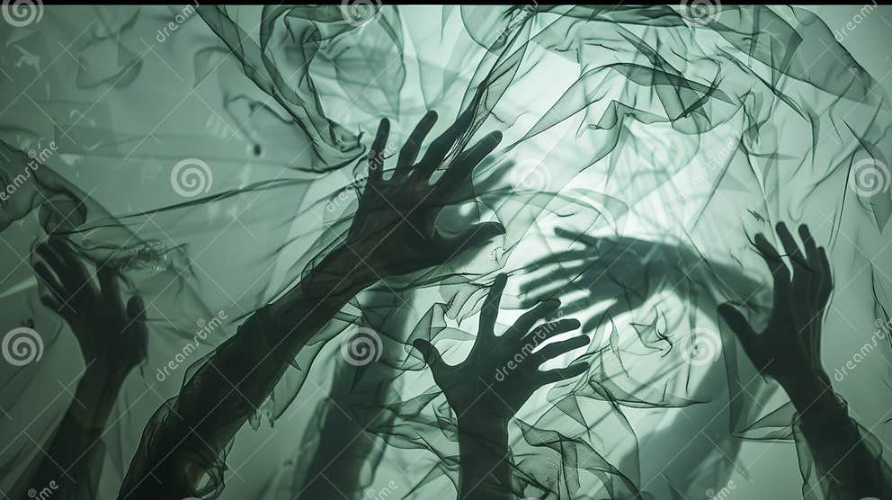 Silhouetted Hands Reaching through Translucent Fabric in Surreal Light ...