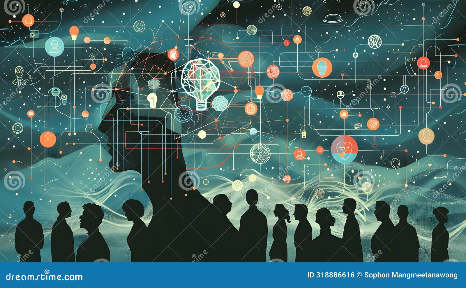 Silhouetted Human Figures with Abstract Technology Elements ...