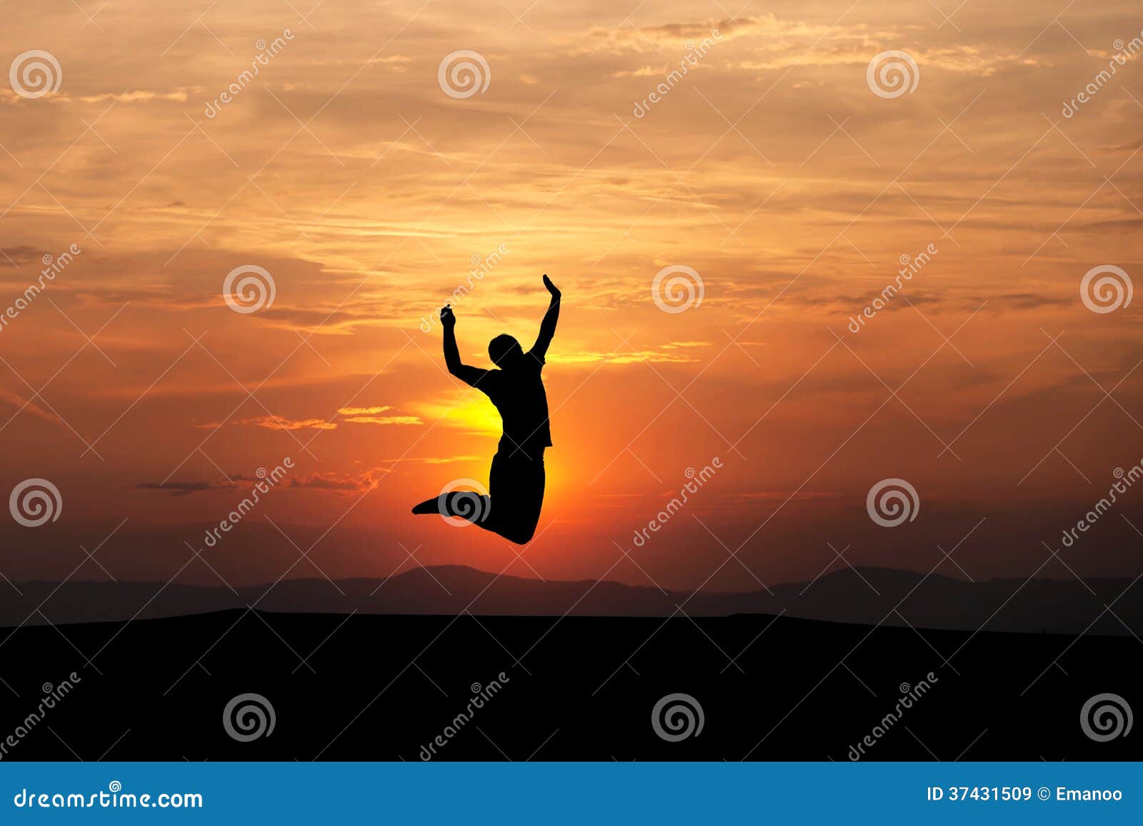 Silhouetted Man Jumping in Sunset Stock Image - Image of light, cloud ...