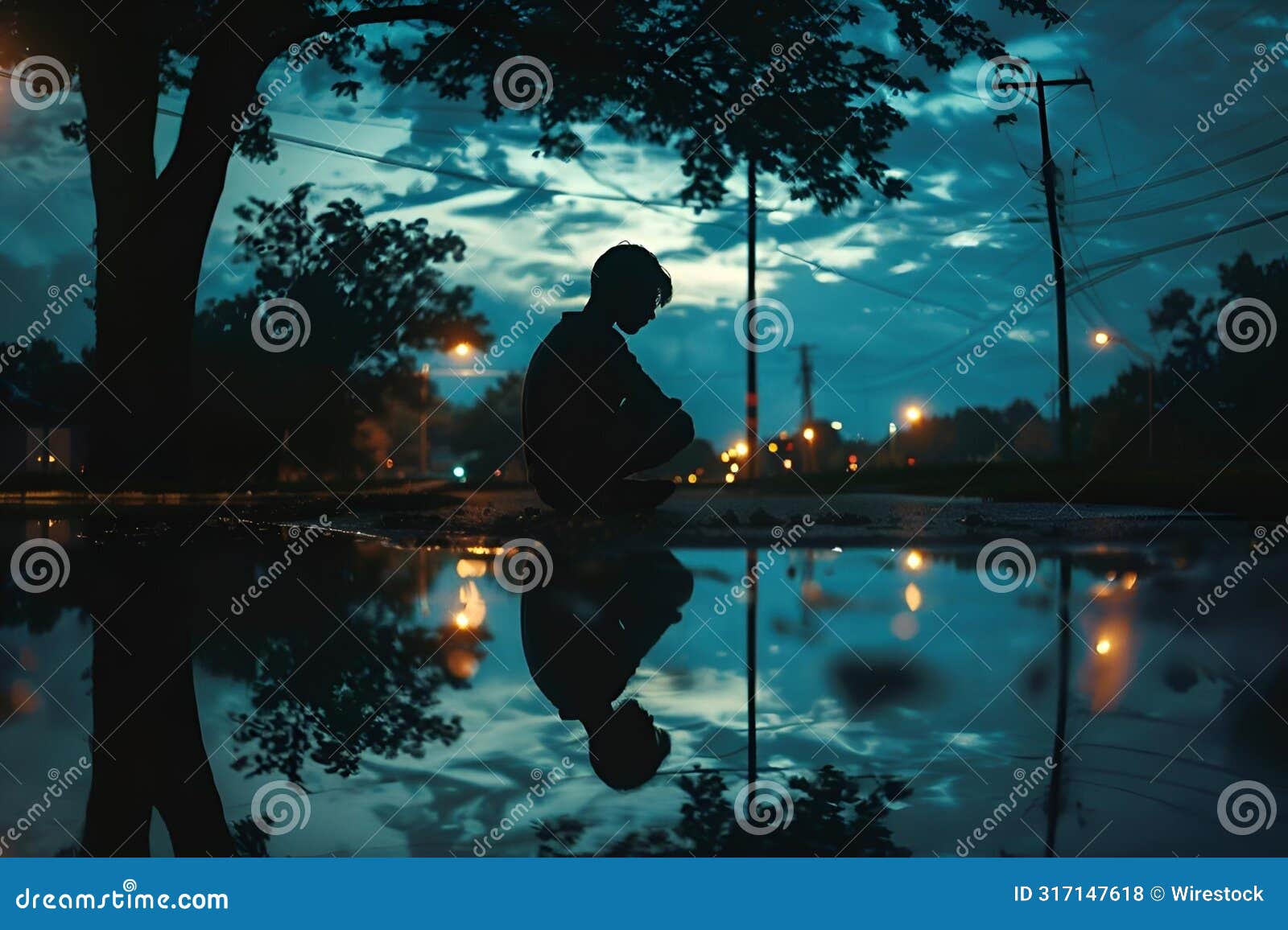 Silhouetted Man Sitting Under Tree in Rainy Night Reflection, AI ...