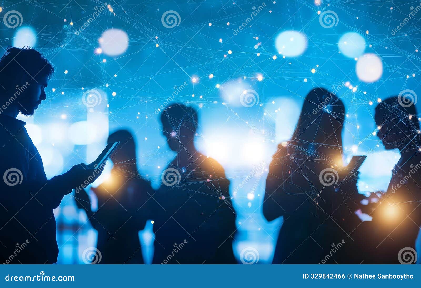 Silhouetted People with Digital Network Overlay Stock Illustration ...