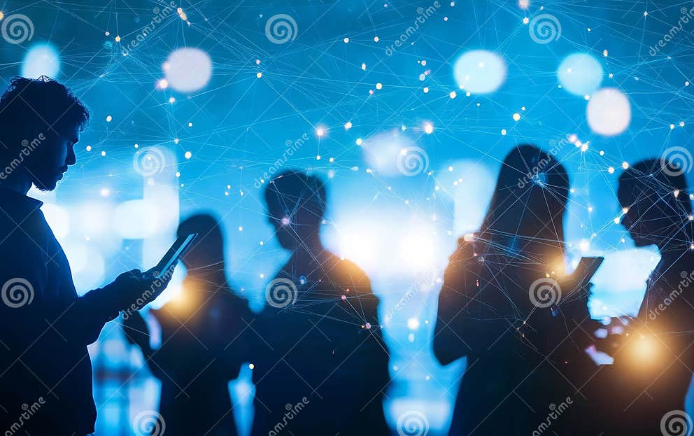 Silhouetted People with Digital Network Overlay Stock Illustration ...