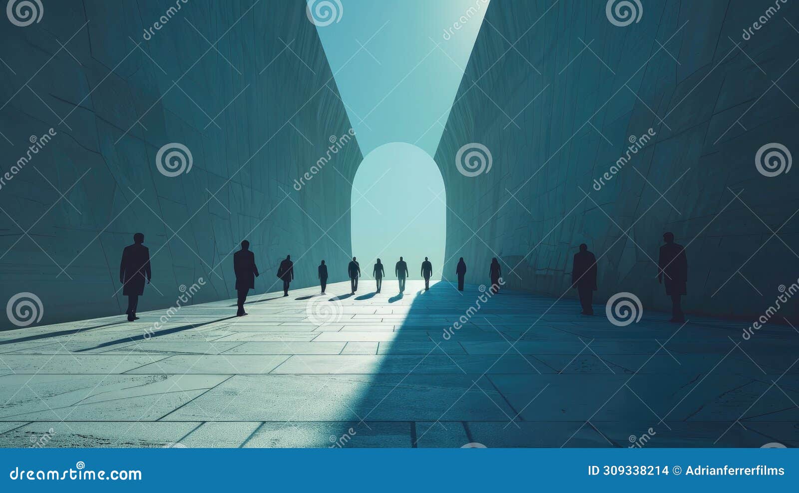 Silhouetted People Walking Towards a Lighted Archway. Stock Photo ...