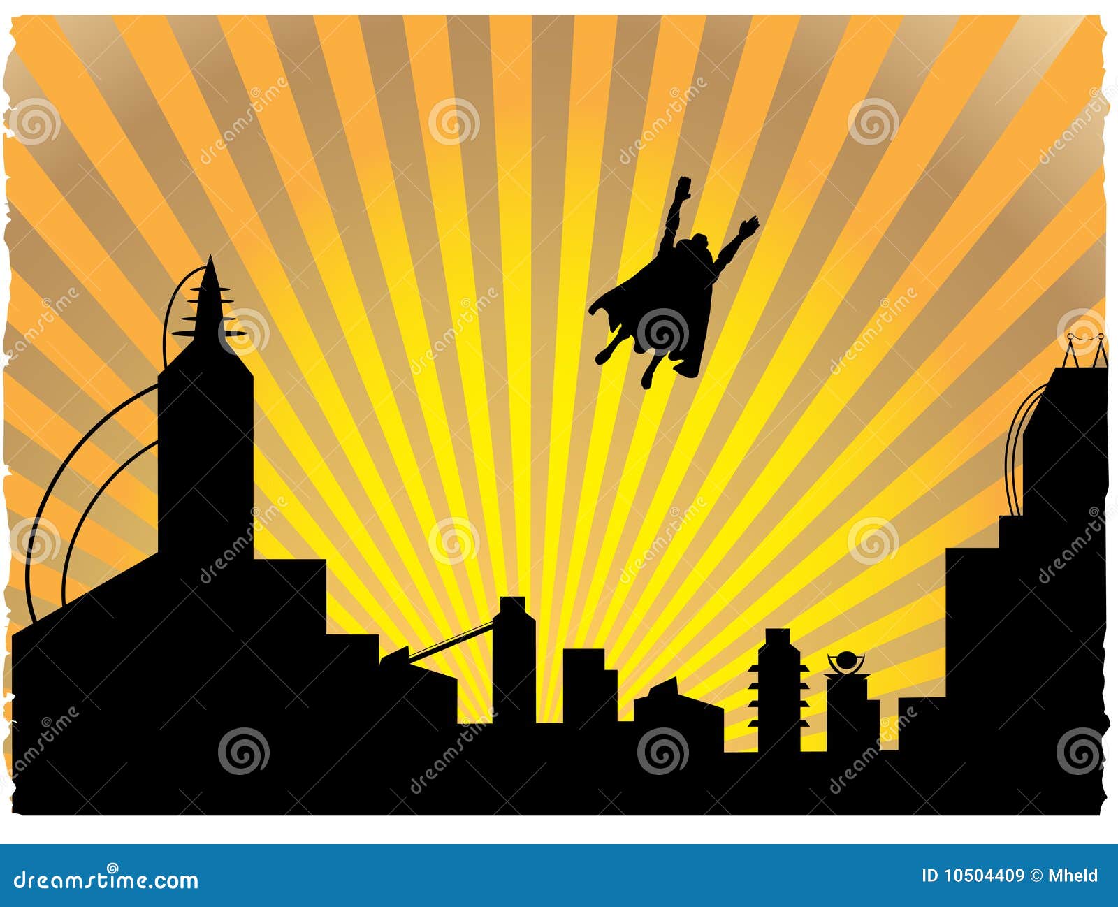 Silhouetted Superhero Flying Off into the Sunset Stock Vector ...