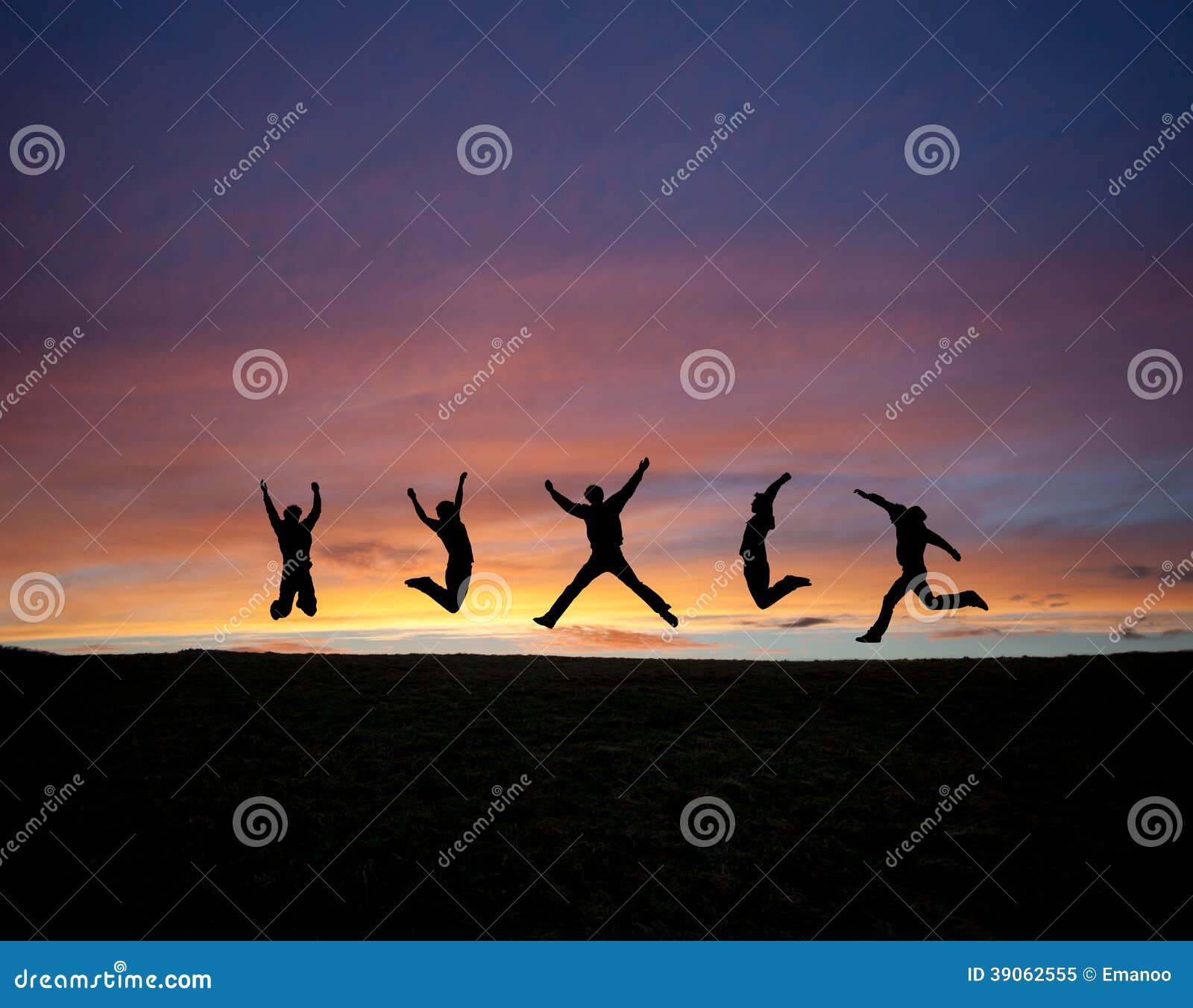 Silhouetted Teens Jumping in Sunset Stock Image - Image of male ...
