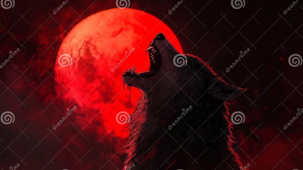 A Silhouetted Wolf Howling at a Blood Red Moon Stock Illustration ...
