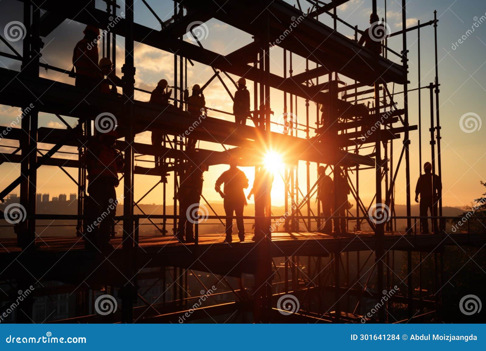 Silhouetted Workers on Scaffold, Laboring Under Intense Sunlights ...