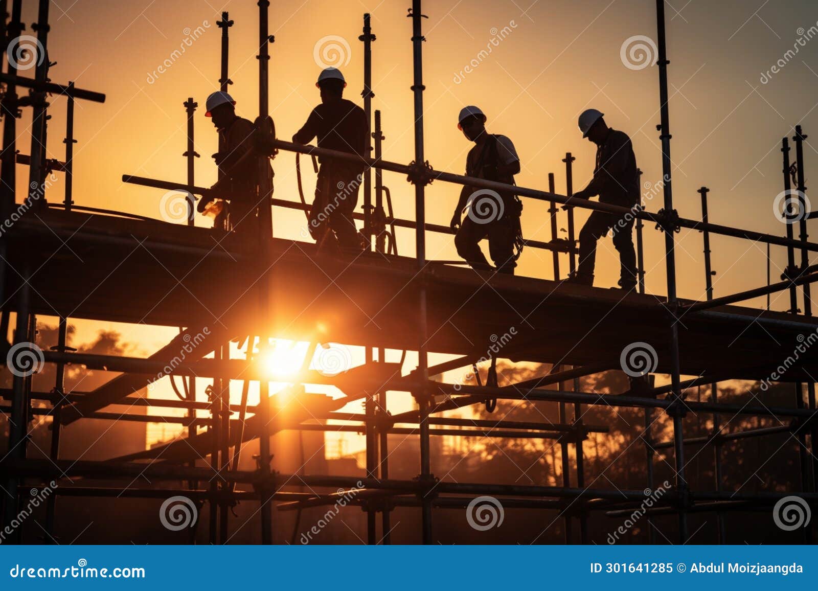 Silhouetted Workers on Scaffold, Laboring Under Intense Sunlights ...