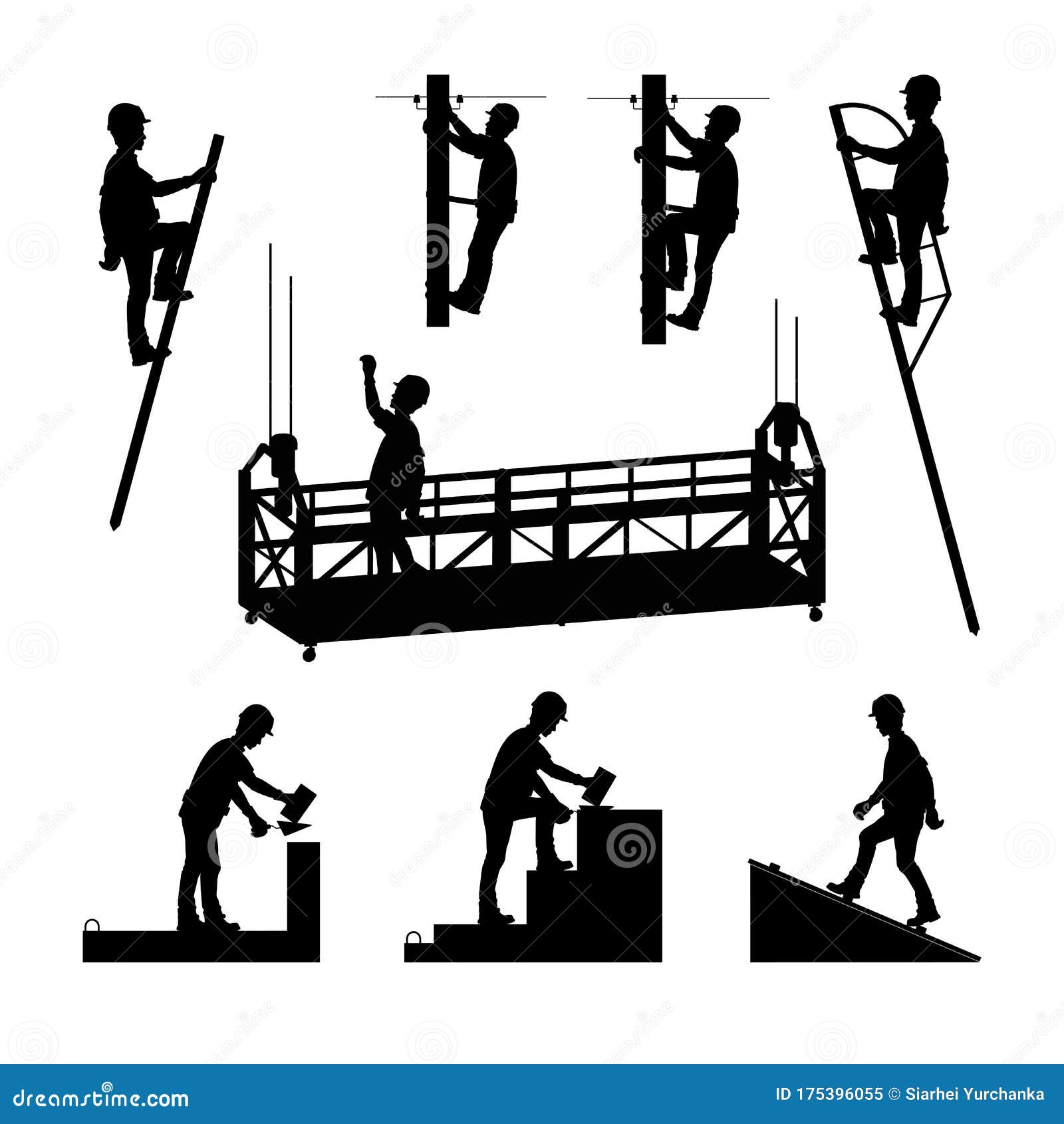 Silhouettes Of Builders. Brickwork. Mason Bricklayer. High-altitude ...