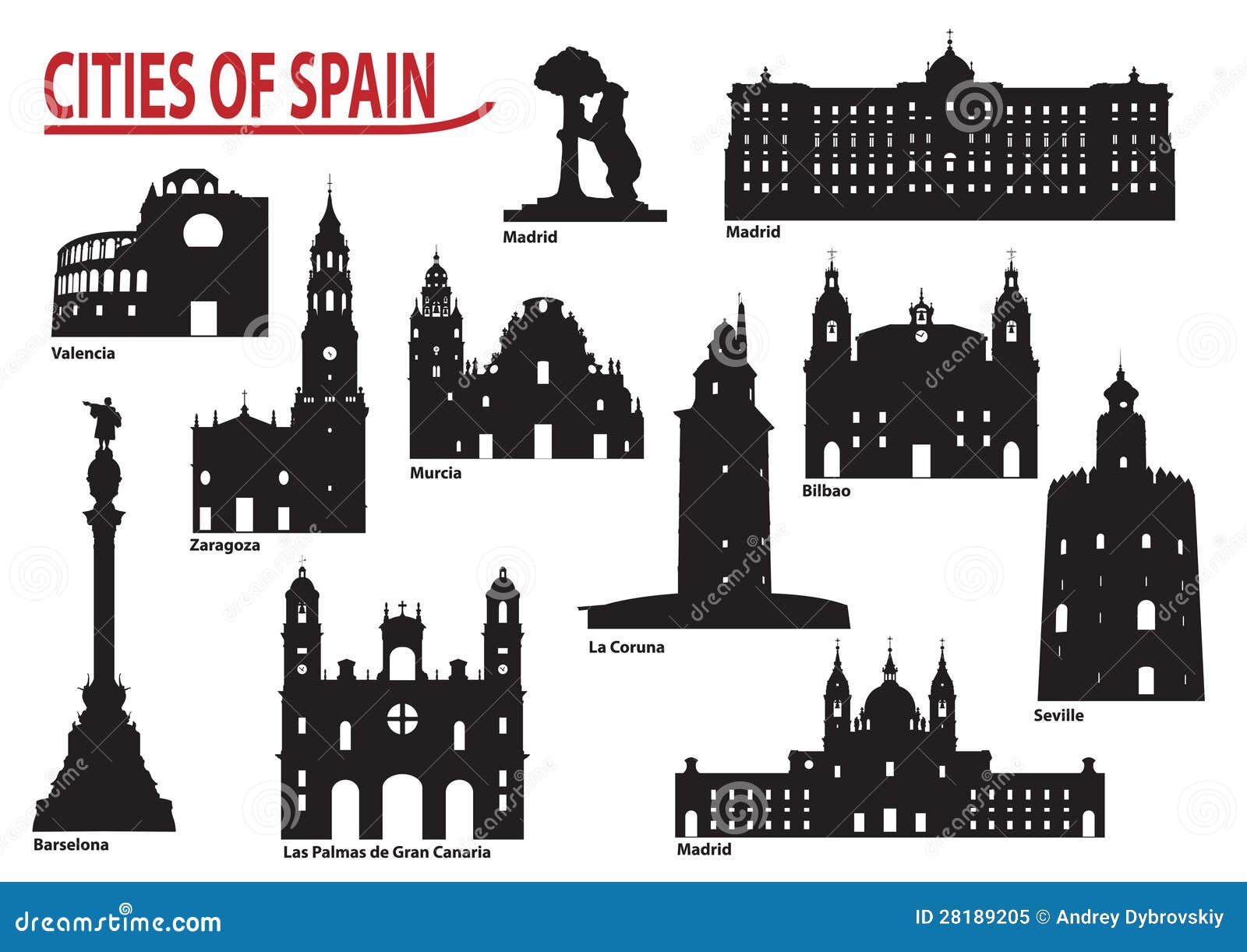 Silhouettes of Cities in Spain Stock Vector - Illustration of gate ...