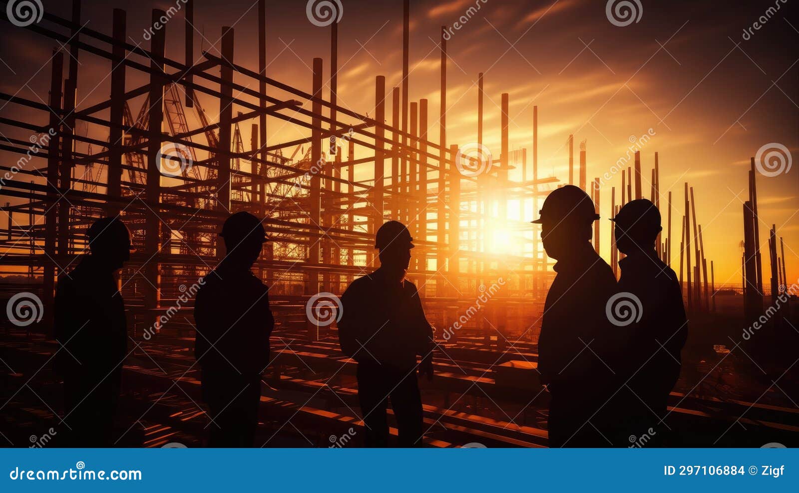 Silhouettes of Construction Workers at Sunset Stock Illustration ...