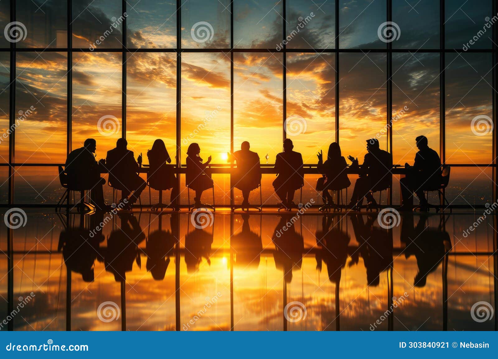 Silhouettes of a Corporate Meeting Under a Dramatic Sunset. Long ...