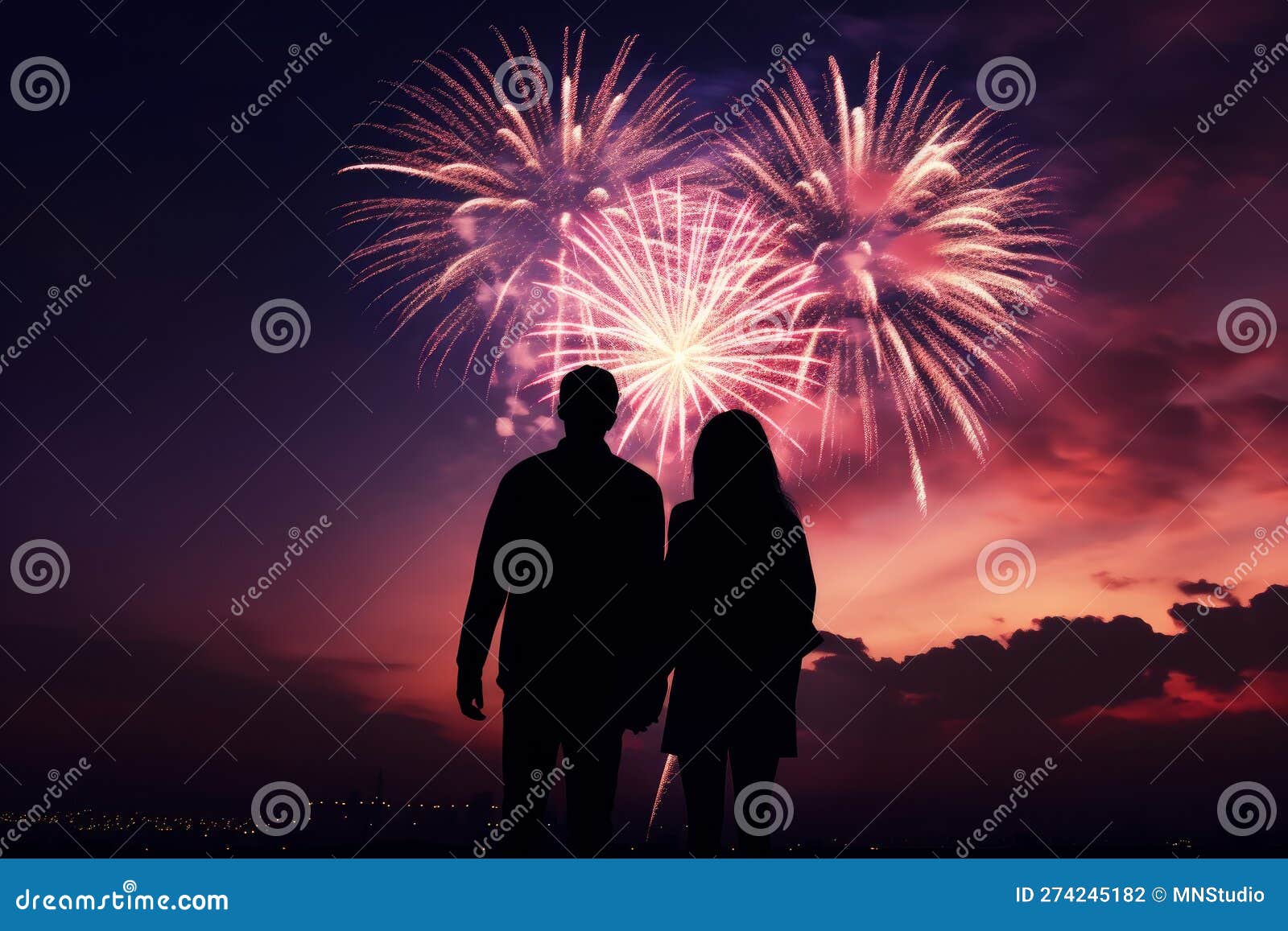 Silhouettes of a Couple Watching the Fireworks. Generative AI Stock ...