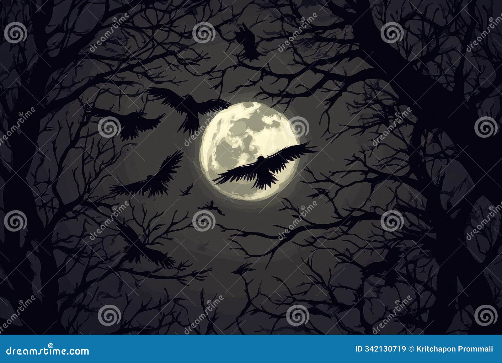 Moonlit Crow Flight stock illustration. Illustration of atmospheric ...