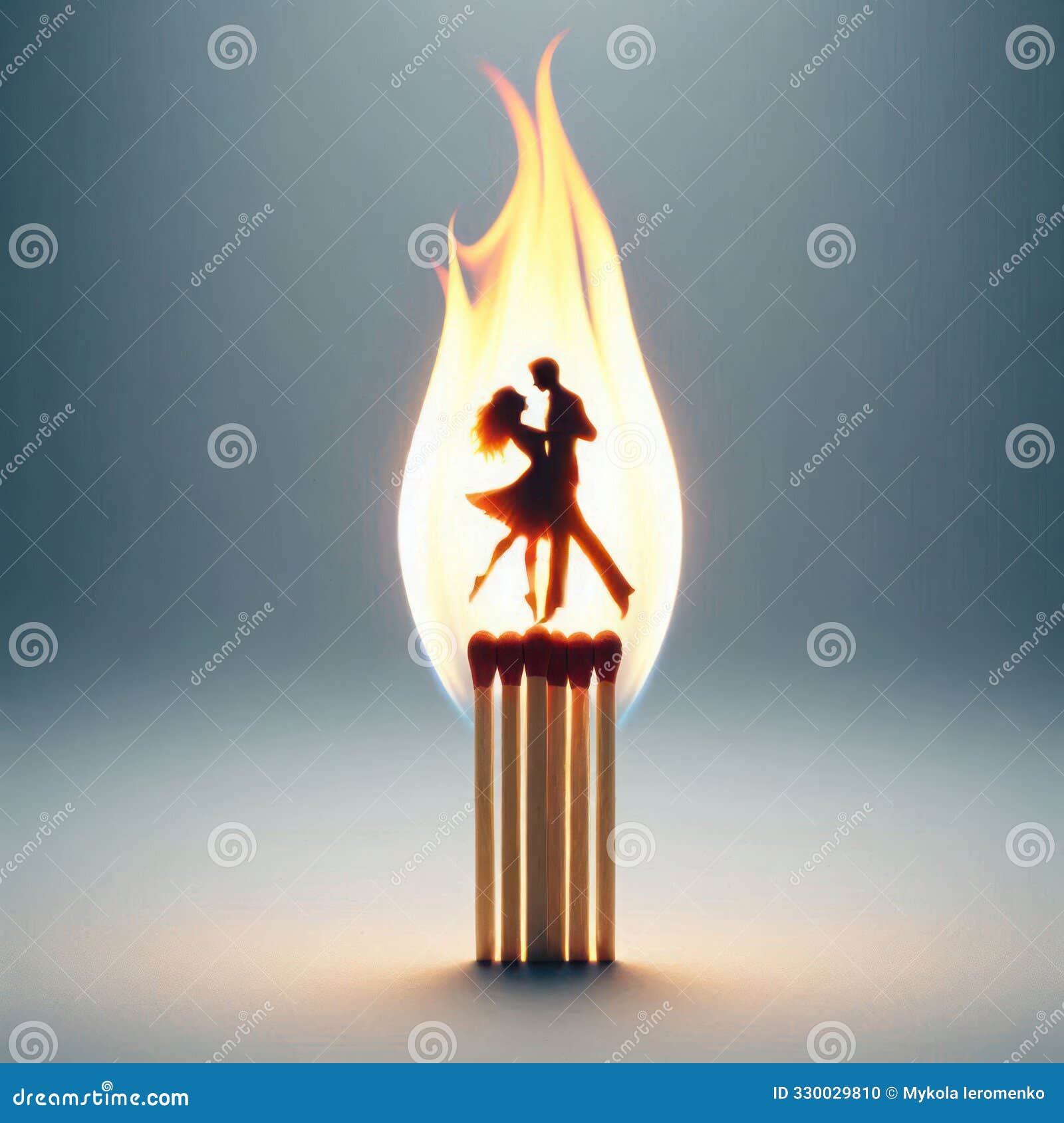 Silhouettes of a Dancing Couple in the Fire of Burning Matches. Space ...