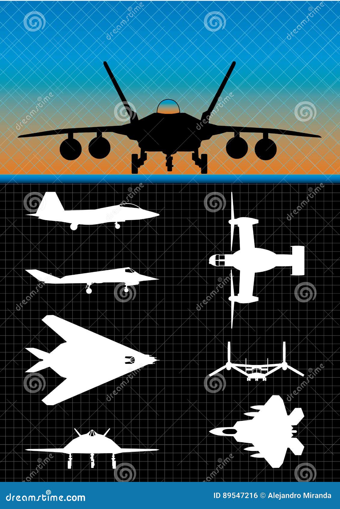 Silhouettes Of Different Types Of Military Aircraft On Black Background ...