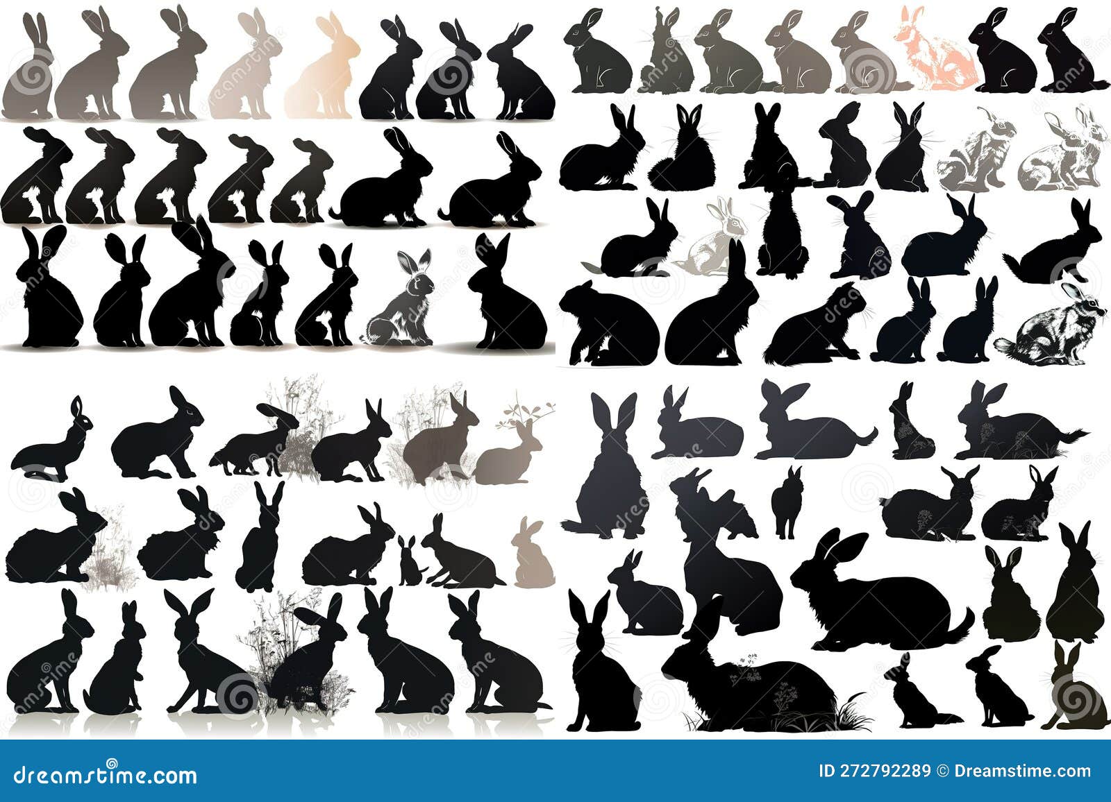 Silhouettes of Easter Bunnies Isolated on a White Background Set of ...