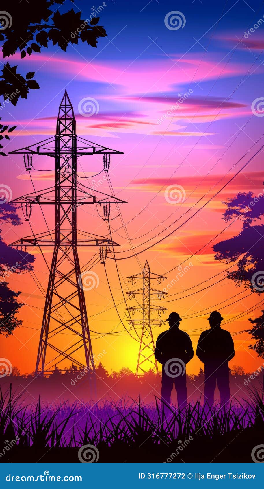 Silhouettes Of Electrical Engineers And Workers On High Voltage Towers ...