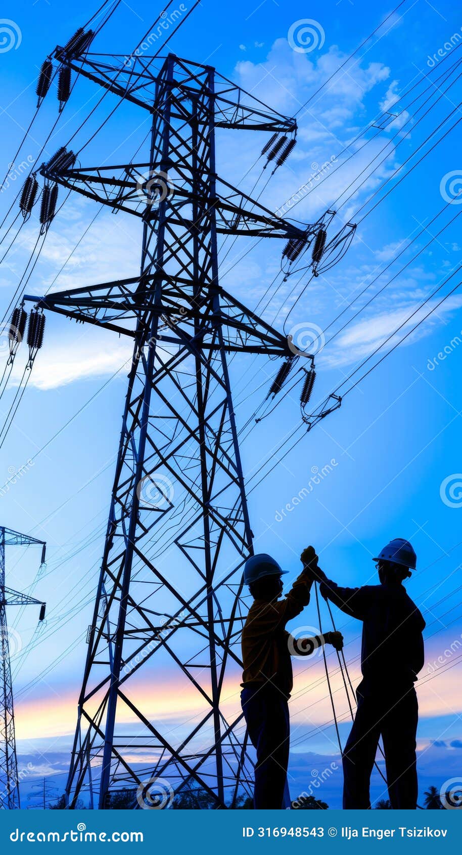 Silhouettes of Electrical Engineers and Workers on High Voltage Towers ...