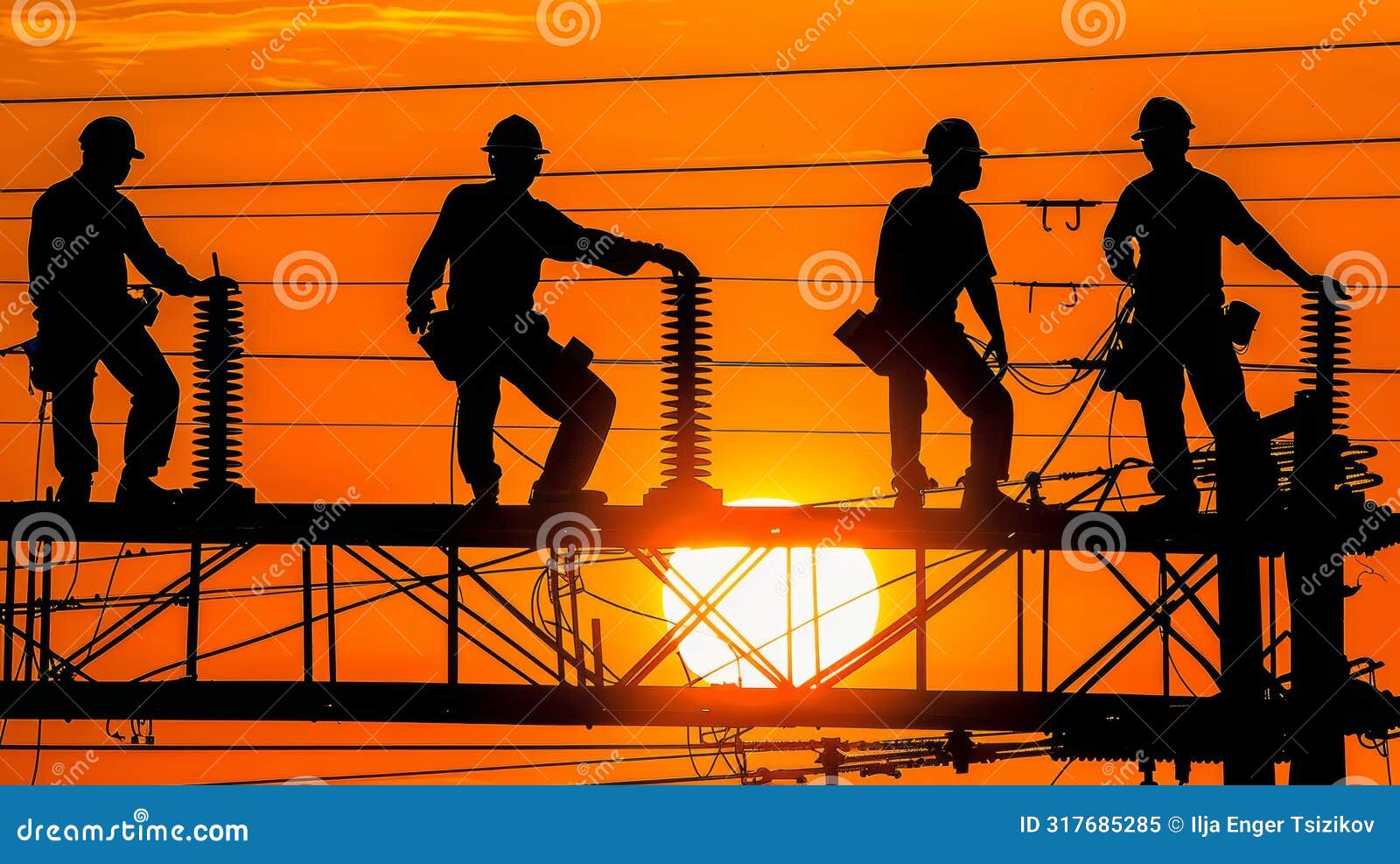 Silhouettes Of Electrical Engineers And Workers On High Voltage Towers ...