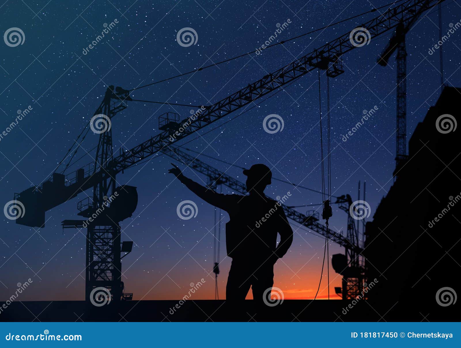 Silhouettes of Engineer and Construction Crane Stock Photo - Image of ...