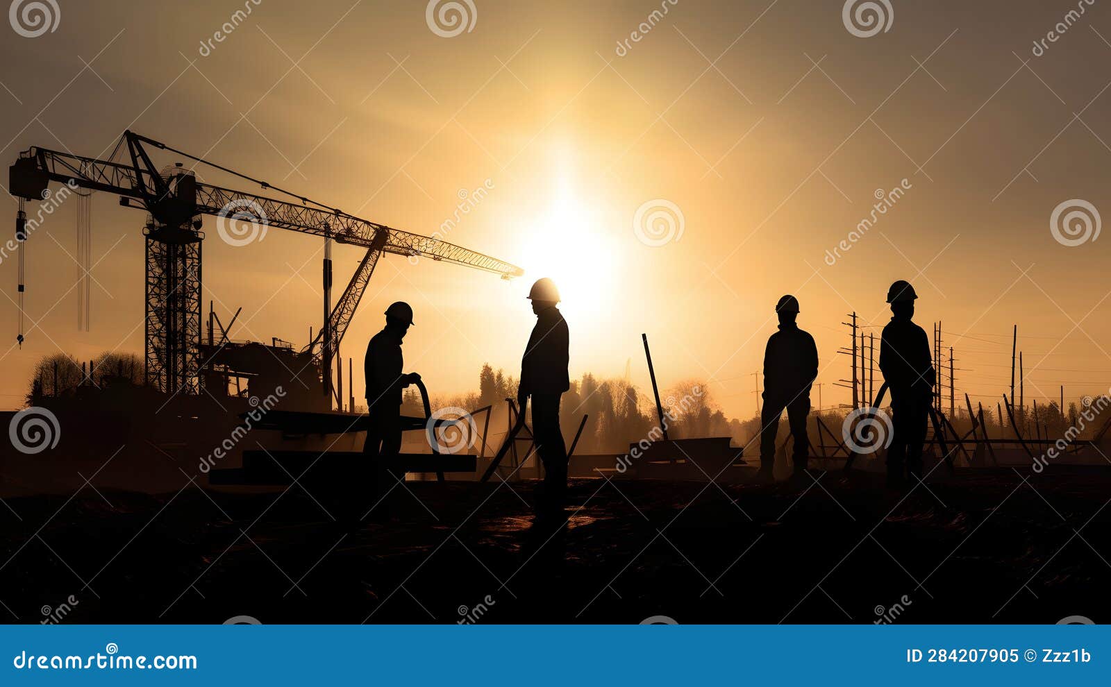 Silhouettes of Engineer and Construction Team Working at Sunrise or ...